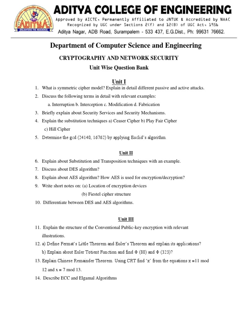 6.CNS Unit Wise Question Bank | PDF | Cryptography | Encryption