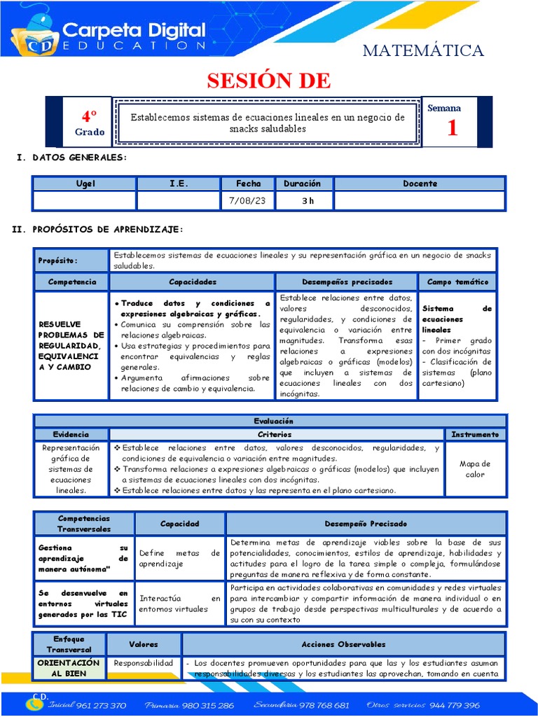 4° Sesión de Aprendizaje Sesión 1-Sem.1-Exp.5-Mate | PDF | Ecuaciones | Sistema de ecuaciones ...