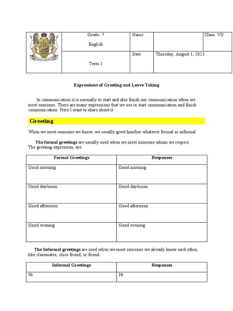 Greeting and Leave Taking Grade 7 | PDF