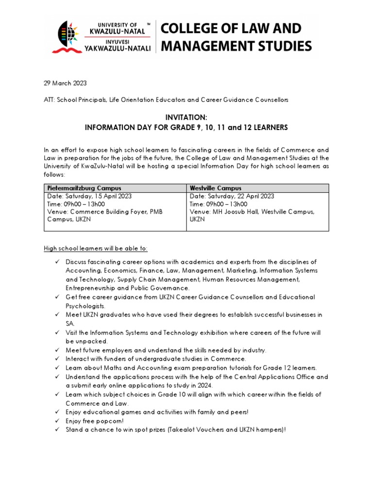 Invitation - UKZN CLMS Information Day 2023 Prof Msizi Mkhize | PDF ...