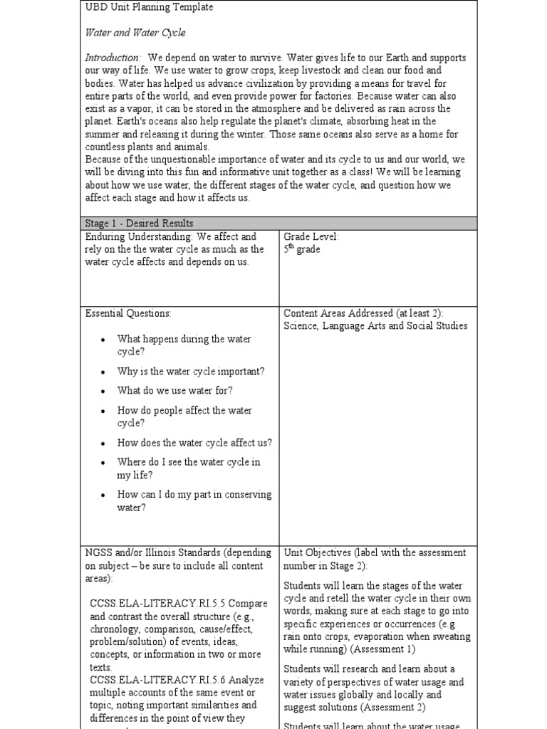 UBD Unit Plan: Water Cycle for 5th Grade | PDF | Water | Water Cycle