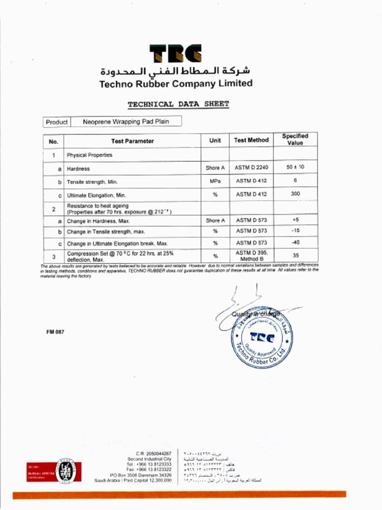 Technical Data Sheet-Neoprene Rubber | PDF