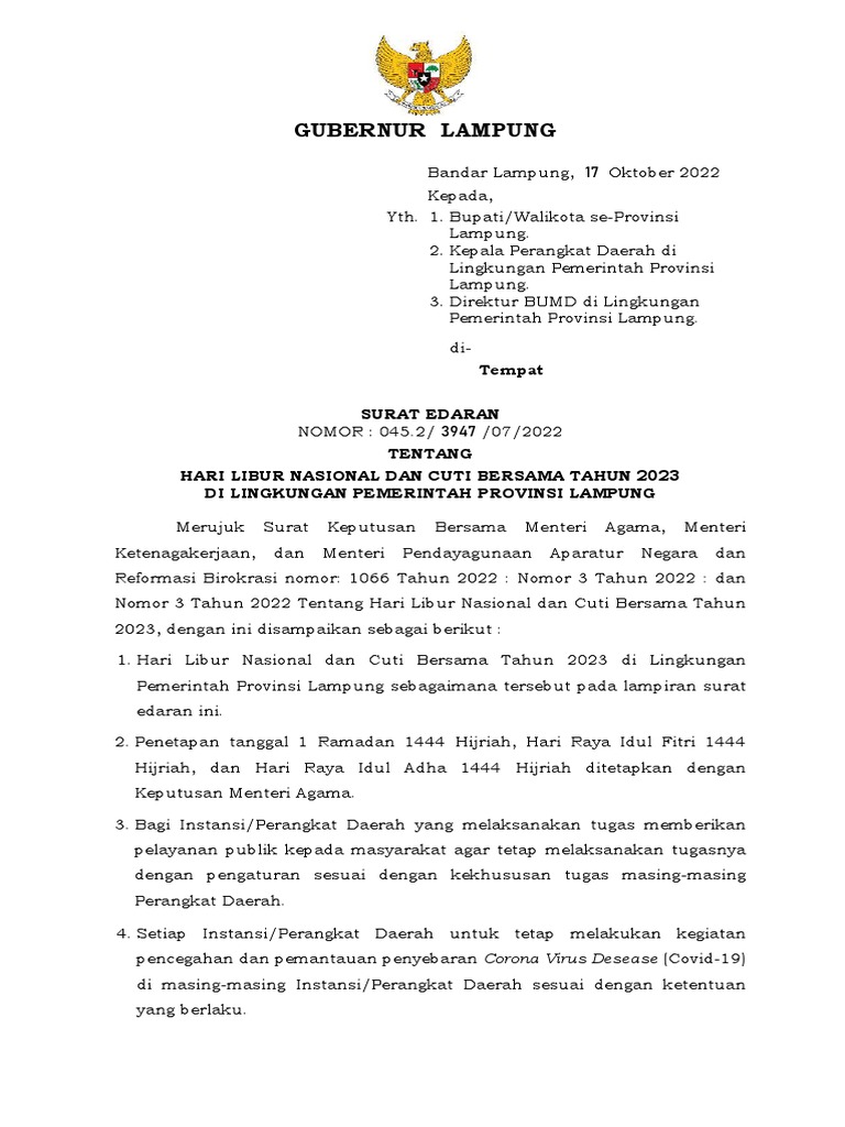 Surat Edaran Gubernur Tentang Hari Libur Nasional Dan Cuti Bersama Tahun 2023 Ok | PDF