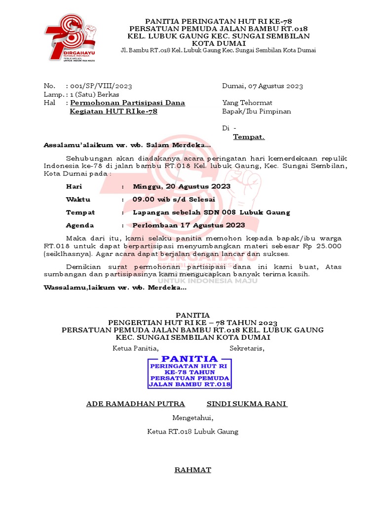 Proposal 17 Agustus 2023 RT 018 Lubuk Gaung | PDF