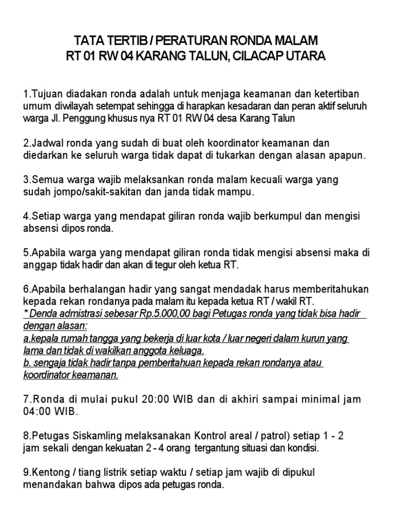 Tata Tertib Ronda Malam RT 01 RW 04 | PDF