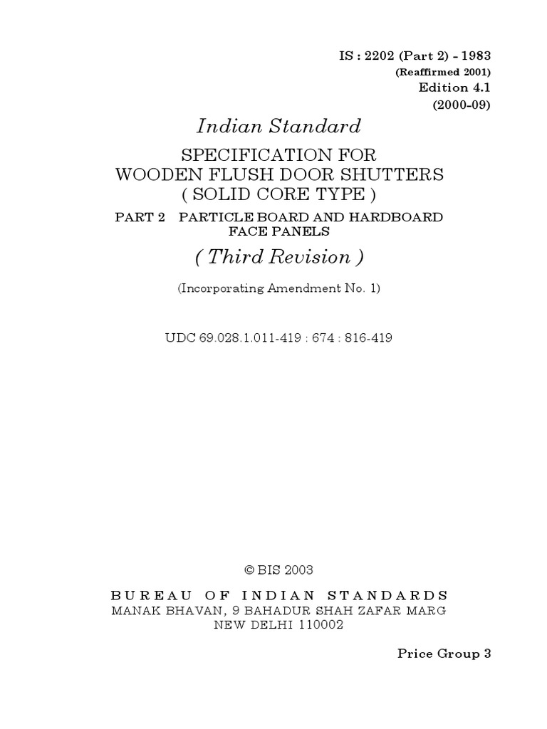 Indian Standard: Specification For Wooden Flush Door Shutters (Solid ...