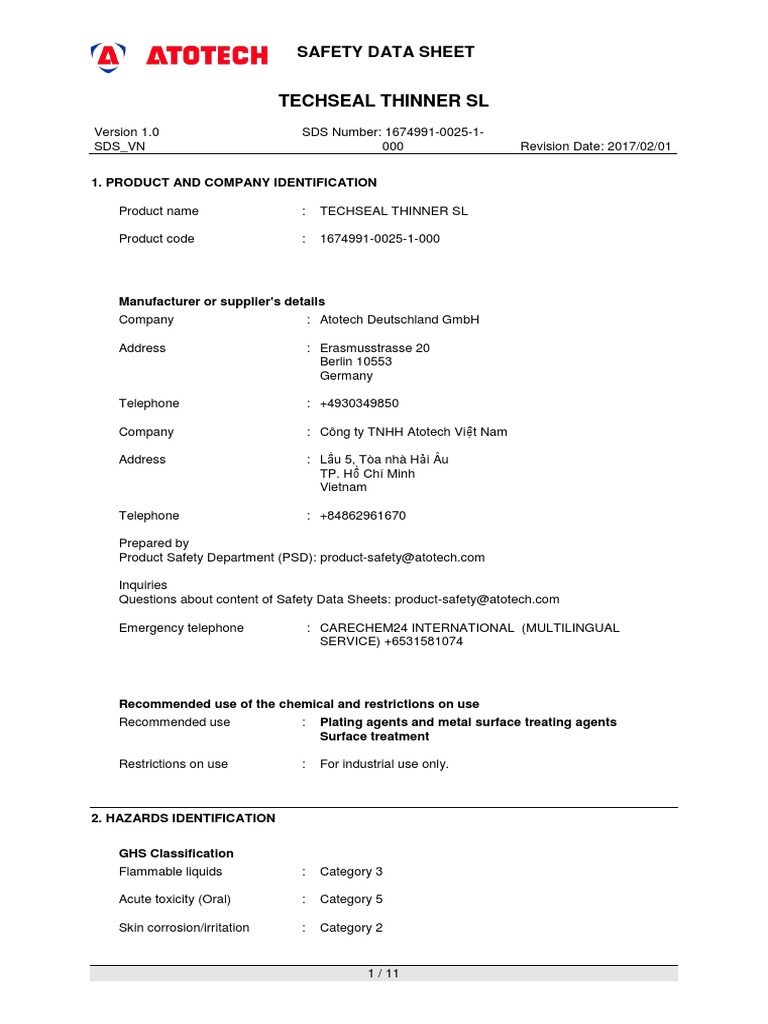 Techseal Thinner SL Safety Data Sheet | PDF