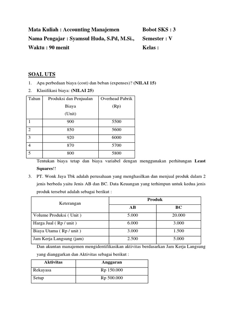 Soal Uts Akuntansi Manajemen 2022 Pdf