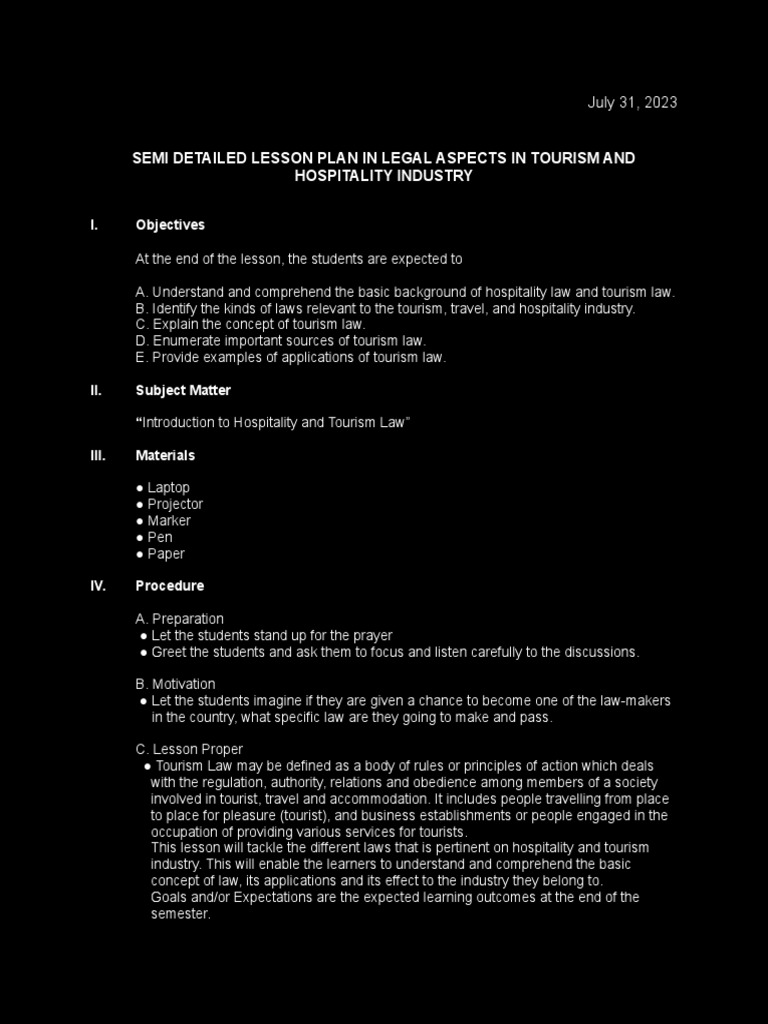 Tourism Law for Students | PDF | Tourism | Lesson Plan