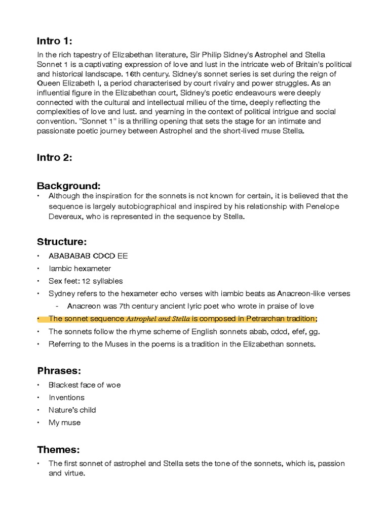 Sidney Sonnet 1 Notes | PDF | Sonnets | Poetry