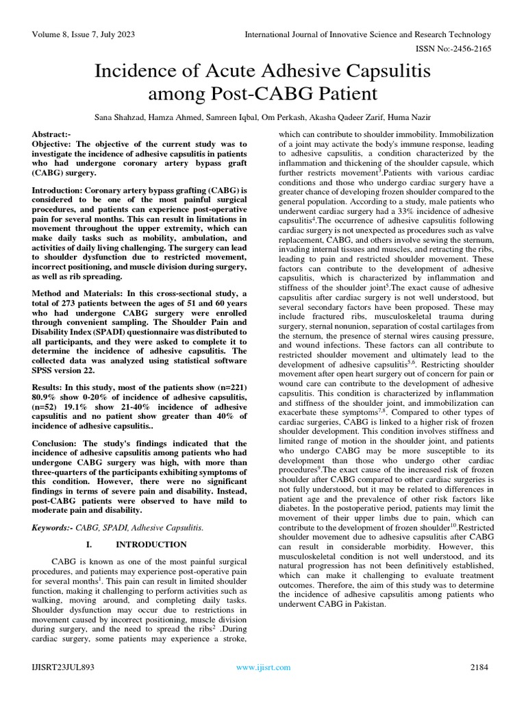 Incidence of Acute Adhesive Capsulitis Among Post-CABG Patient | PDF Incidence of Acute Adhesive Capsulitis Among Post-CABG Patient | PDF