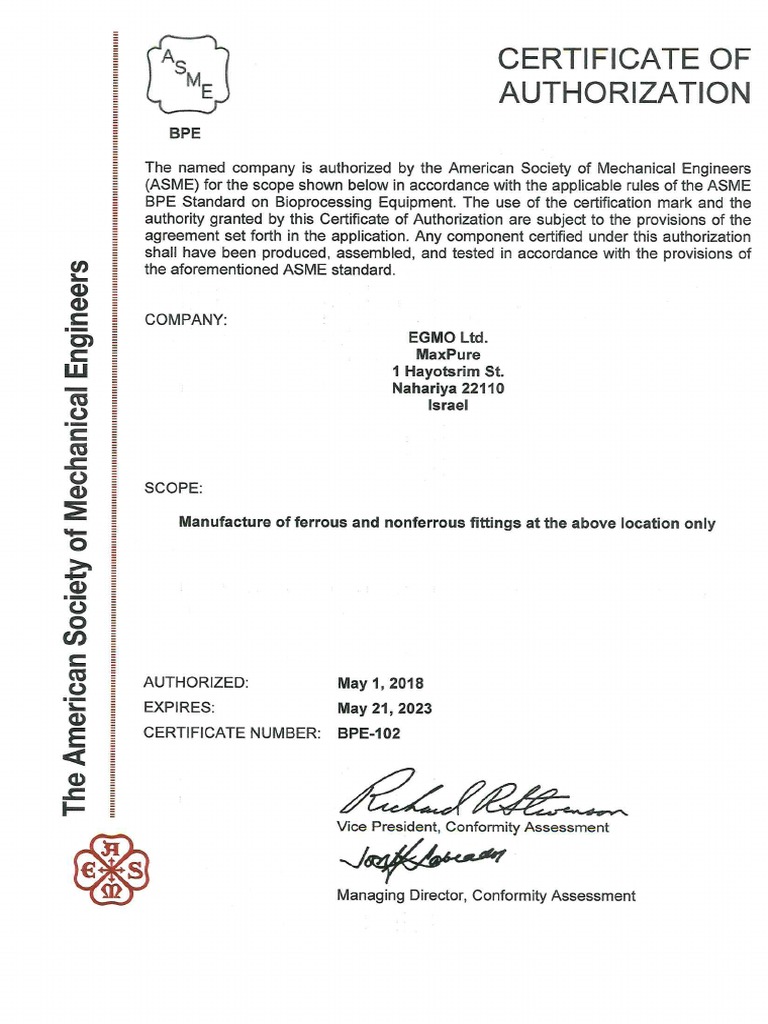 Asme Bpe - Certificate 2018-2023 | PDF