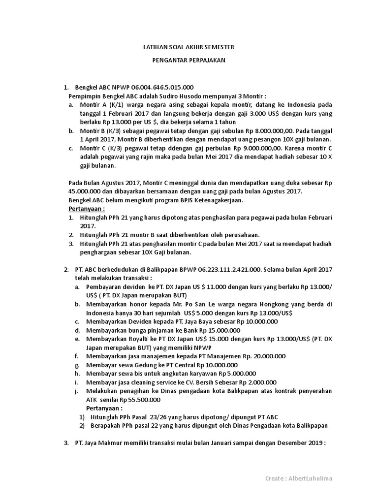 Latihan Soal Akhir Semester Pengantar Perpajakan | PDF
