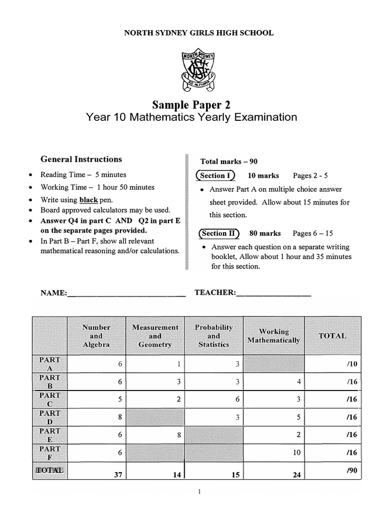 NSGHS Yr 10 Yearly Sample Paper 2 | PDF | Multiple Choice ...