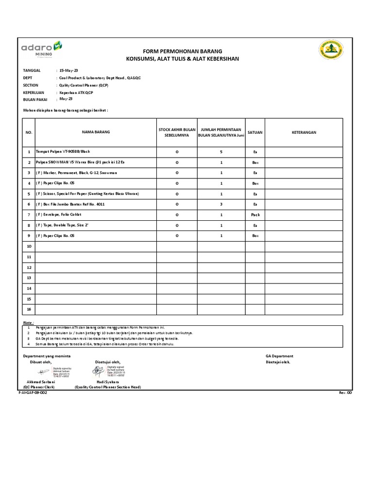F-AI-GAF-09-002 Form Permintaan Barang - Mei - 2023 - PDF | PDF