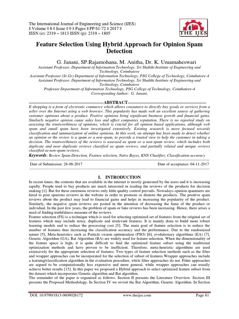 Feature Selection Using Hybrid Approach For Opinion Spam Detection Pdf Metaheuristic