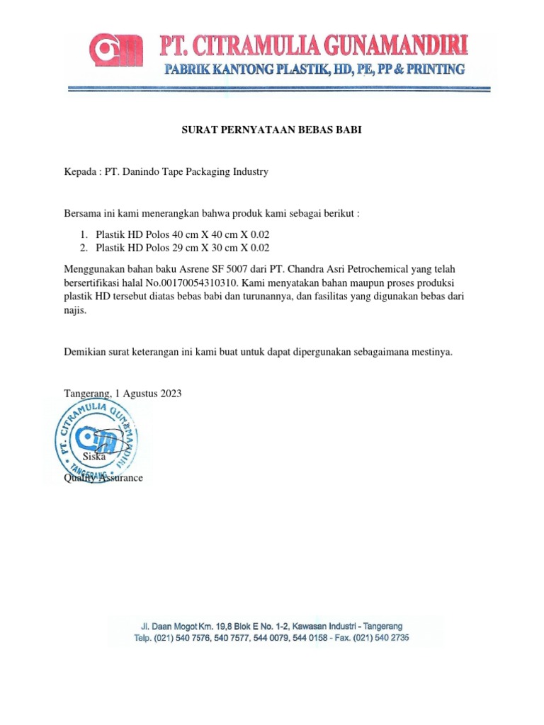 Surat Pernyataan Bebas Babi | PDF