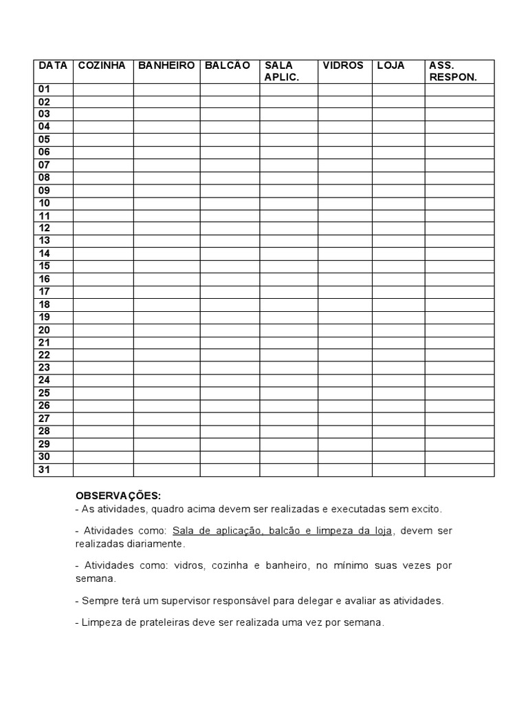 Planilha de Limpeza | PDF