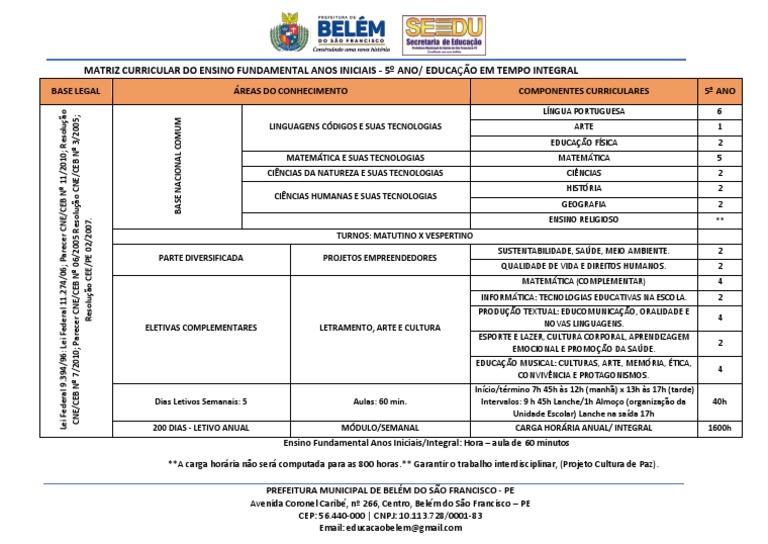 Matriz Curricular 5º Ano Integral-Seedu 2021 | PDF
