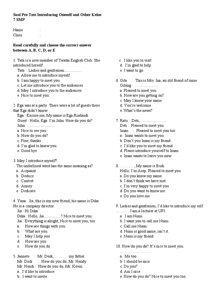 Pre Test: Introducing Oneself Kelas 7 | PDF | Language Arts ...
