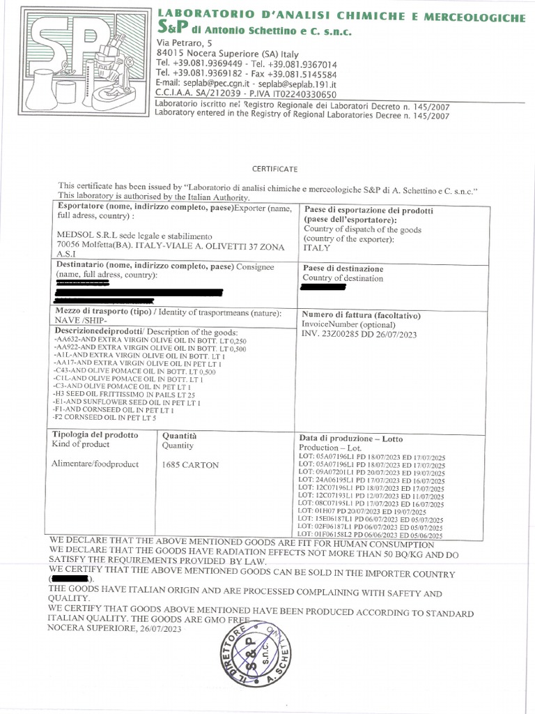 Certificato Sanitario Laboratorio | PDF