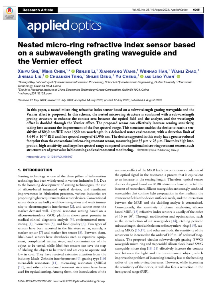 Nested Micro-Ring Refractive Index Sensor Based On Subwavelength Grating Waveguide and Vernier ...