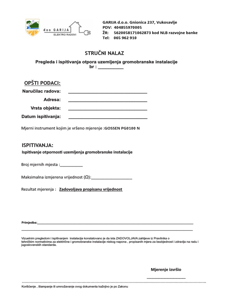 Atest Uzemljenje GARIJA | PDF