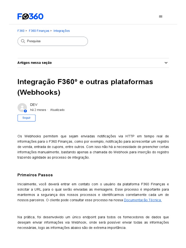 Integração Webhook F360 Finanças | PDF | Informática