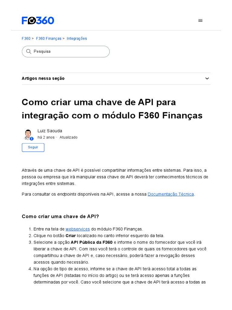 Como Criar Uma Chave de API para Integração Com o Módulo F360 Finanças ...