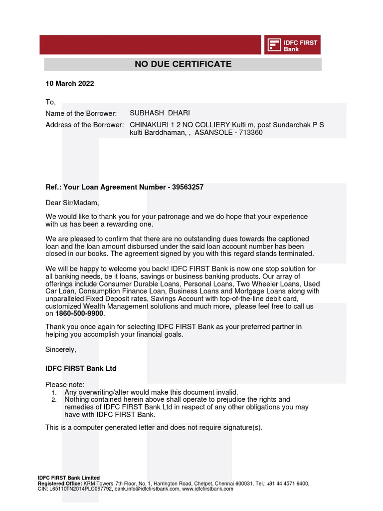 IDFC First Bank No Due Certificate | PDF