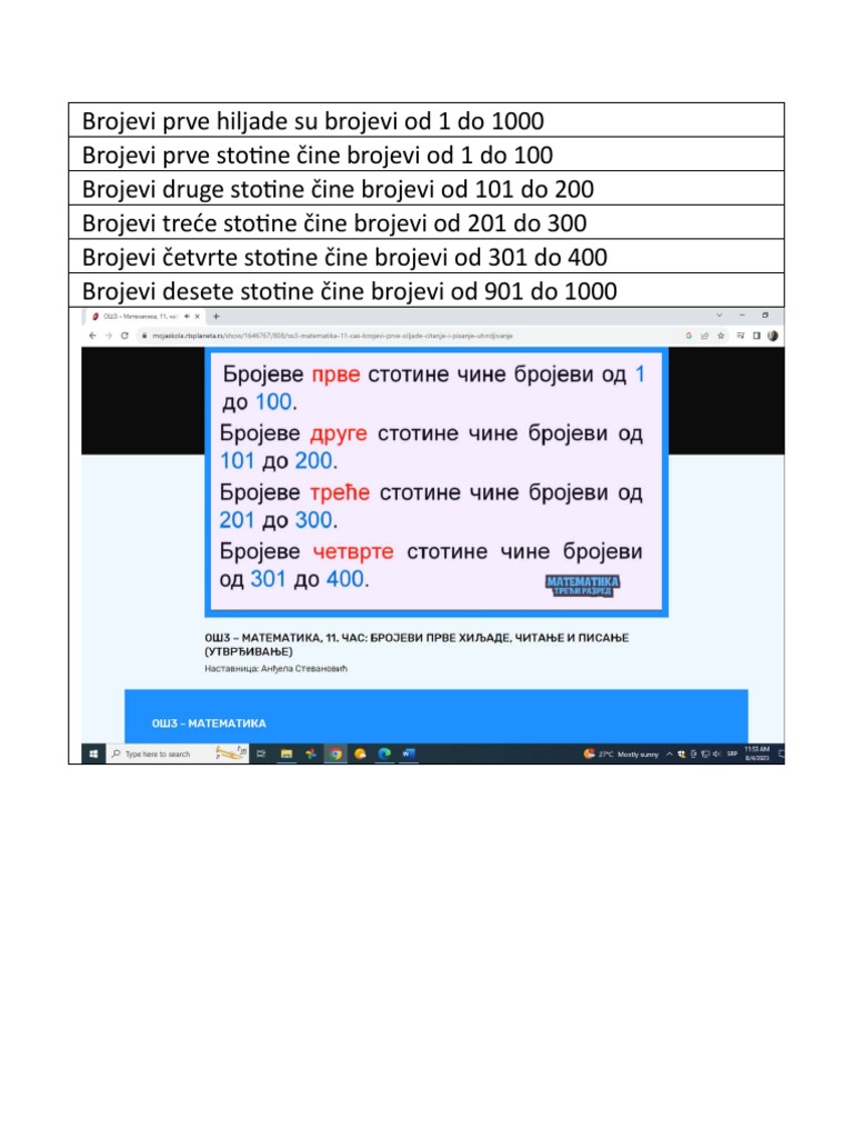 Brojevi Prve Hiljade Su Brojevi Od 1 Do 1000 | PDF