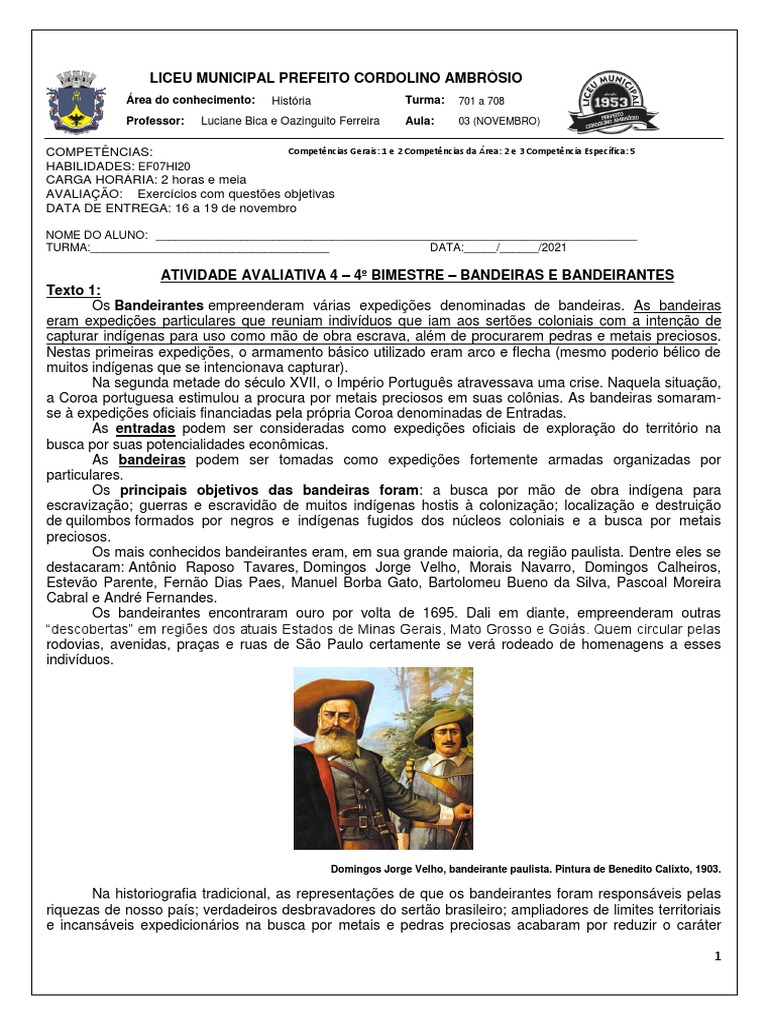 Liceu Atividade Avaliativa 4 4 Bimestre 16 A 19 de Novembro 7 Ano Hist Ria Bandeiras e ...