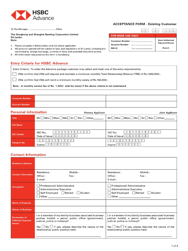 Advance Acceptance Form Existing Customer | PDF