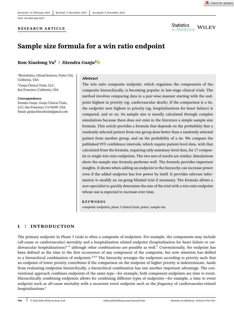 Statistics in Medicine - 2022 - Yu - Sample Size Formula For A Win ...