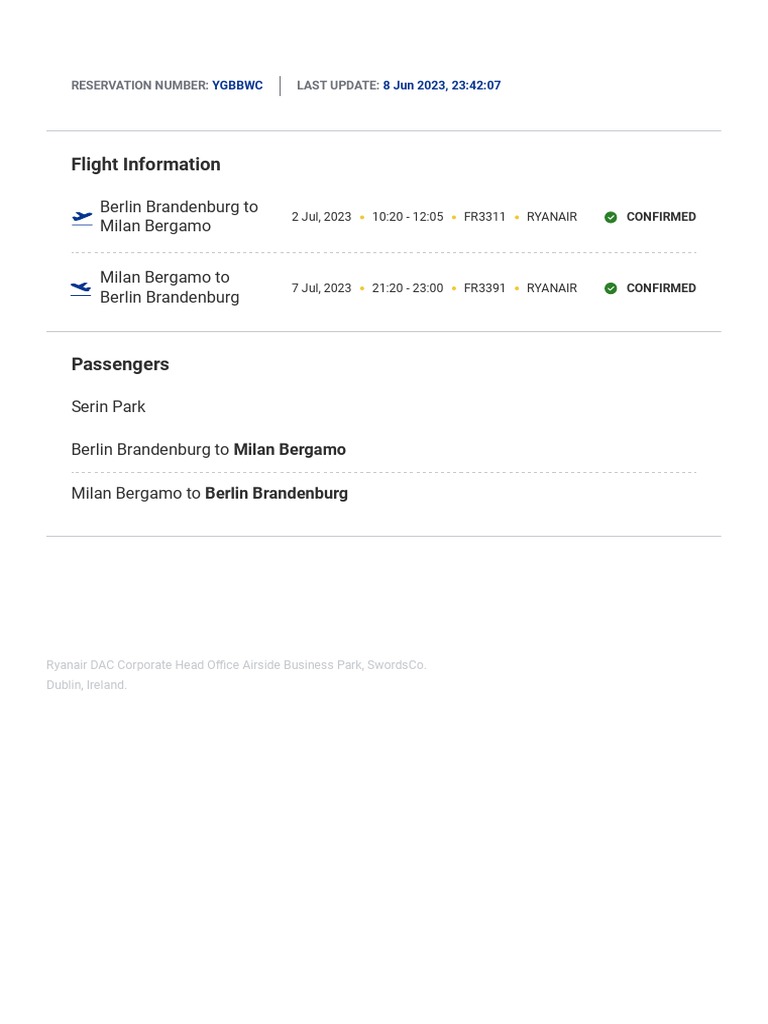 Ryanair Flight Itinerary: Serin Park | PDF