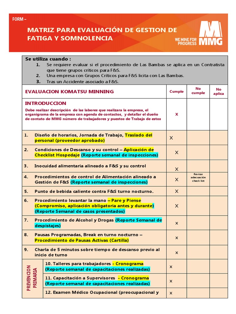 Matriz de Evaluación Gestión de FS - 2018 - KOMATSU MINING - APROBADO ...