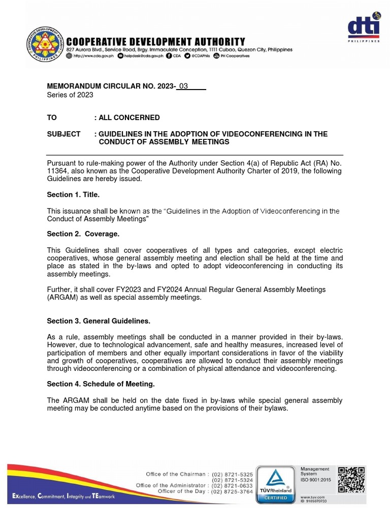 CDA MC 2023-03 Adoption of Videoconferencing For Coop Assemby | PDF