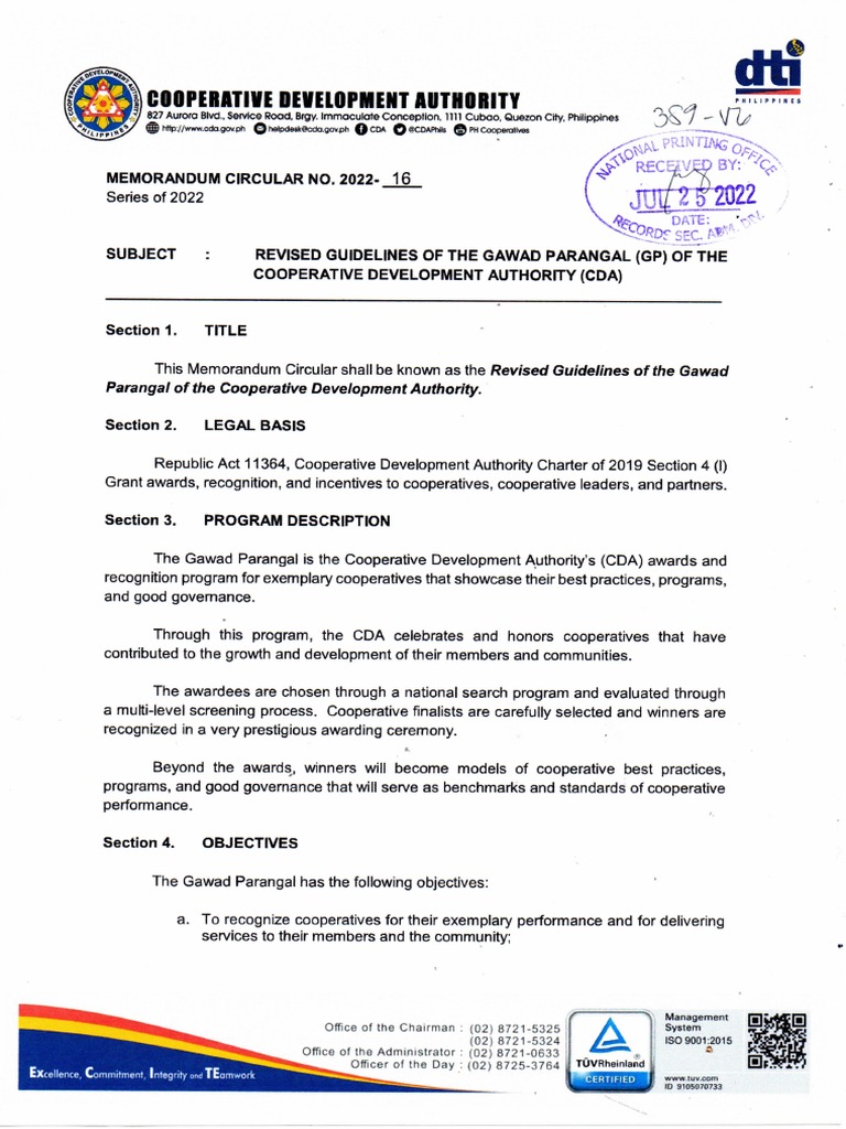 CDA MC-2022-16 Gawad Parangal NG CDA | PDF