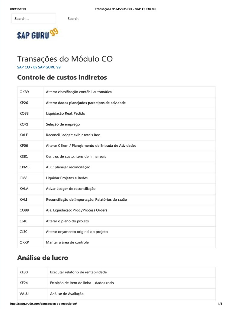 PDF Transaoes Do Modulo Co Sap Guru 99 - Compress | PDF