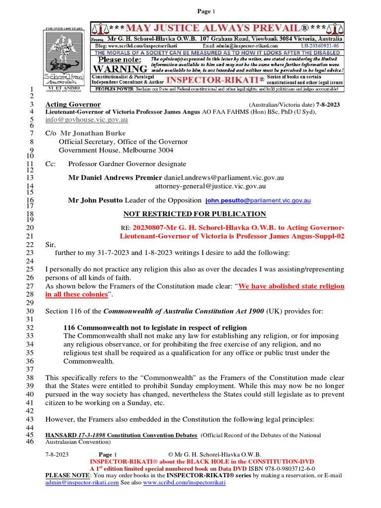 20230807-Mr G. H. Schorel-Hlavka O.W.B. To Acting Governor - Lieutenant ...