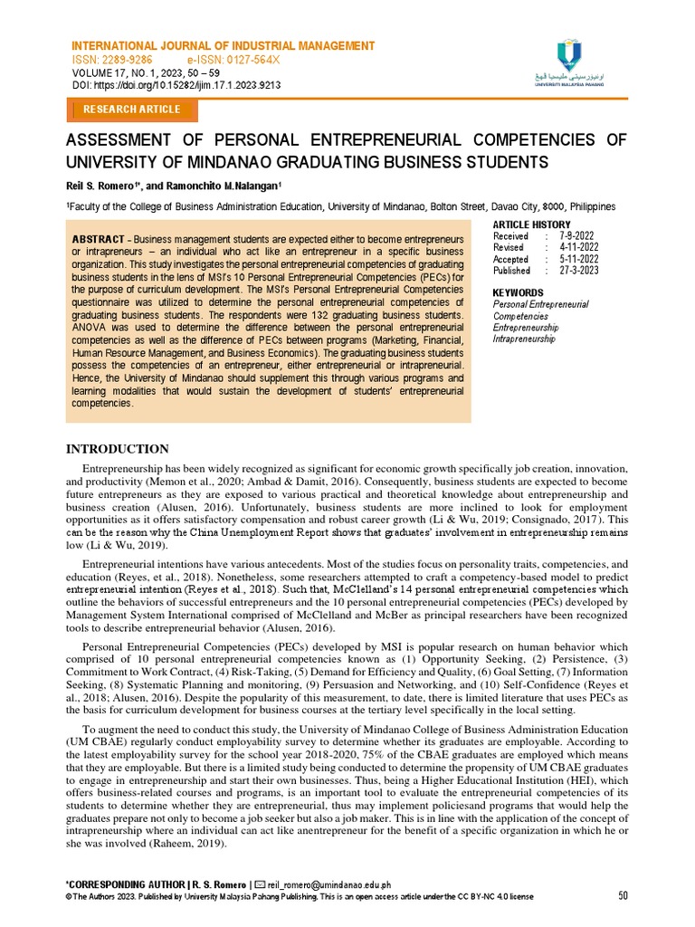 Assessment of Personal Entrepreneurial Characteristics of University of ...