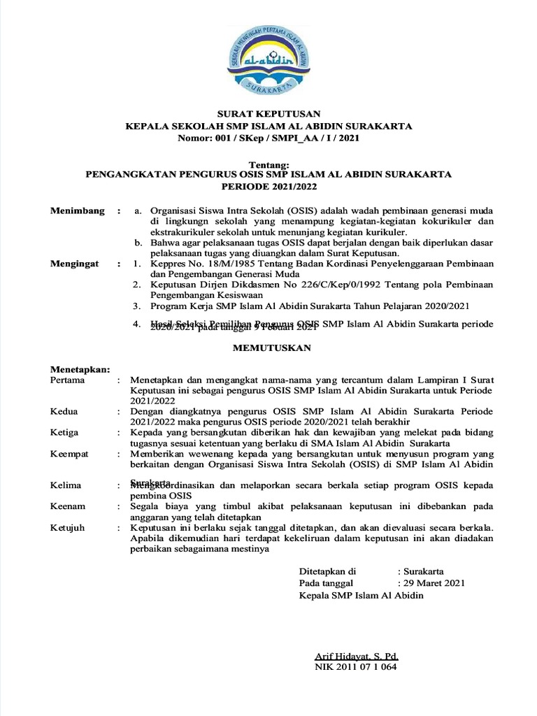 SK Pengangkatan Osis 2021 2022 | PDF