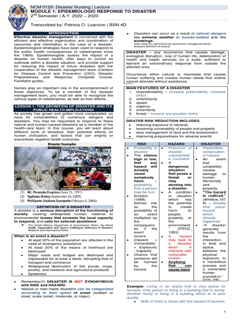 Module 1 - Disaster Nursing Lec | PDF | Hazards | Natural Disasters