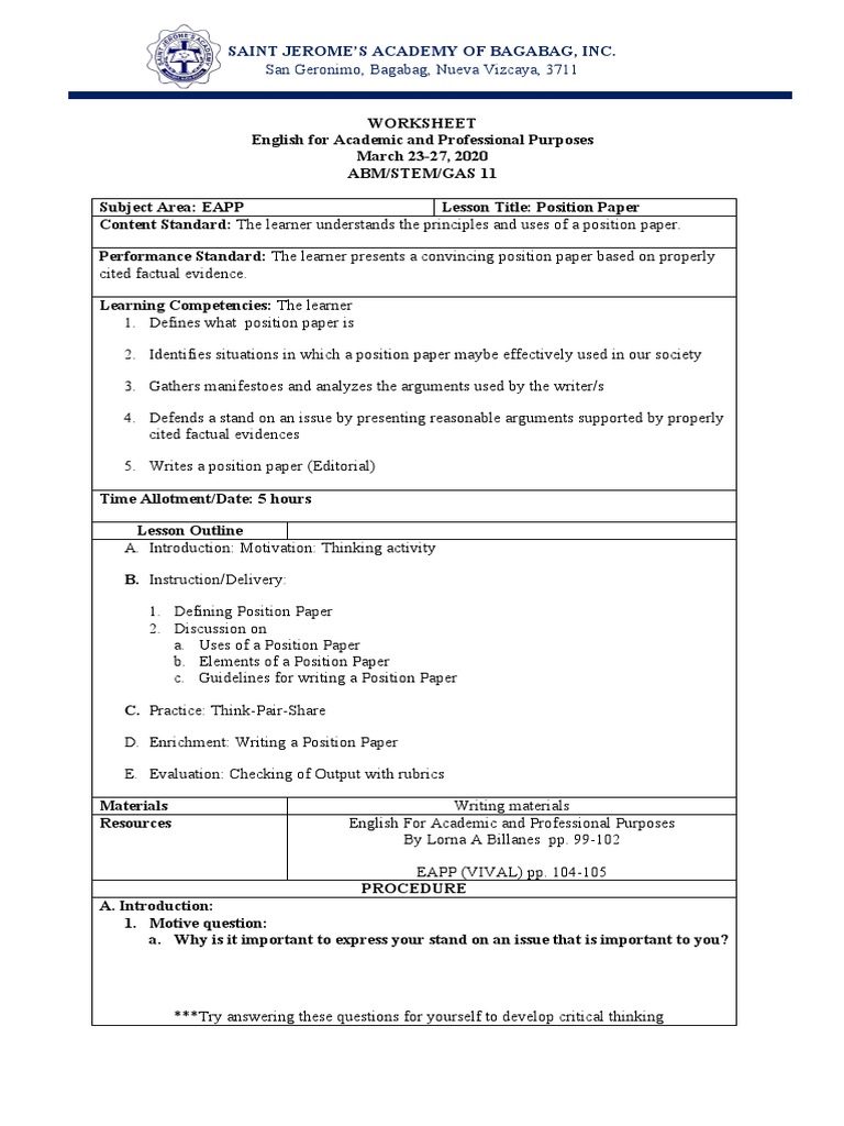 Worksheet EAPP | Download Free PDF | Essays | Argument