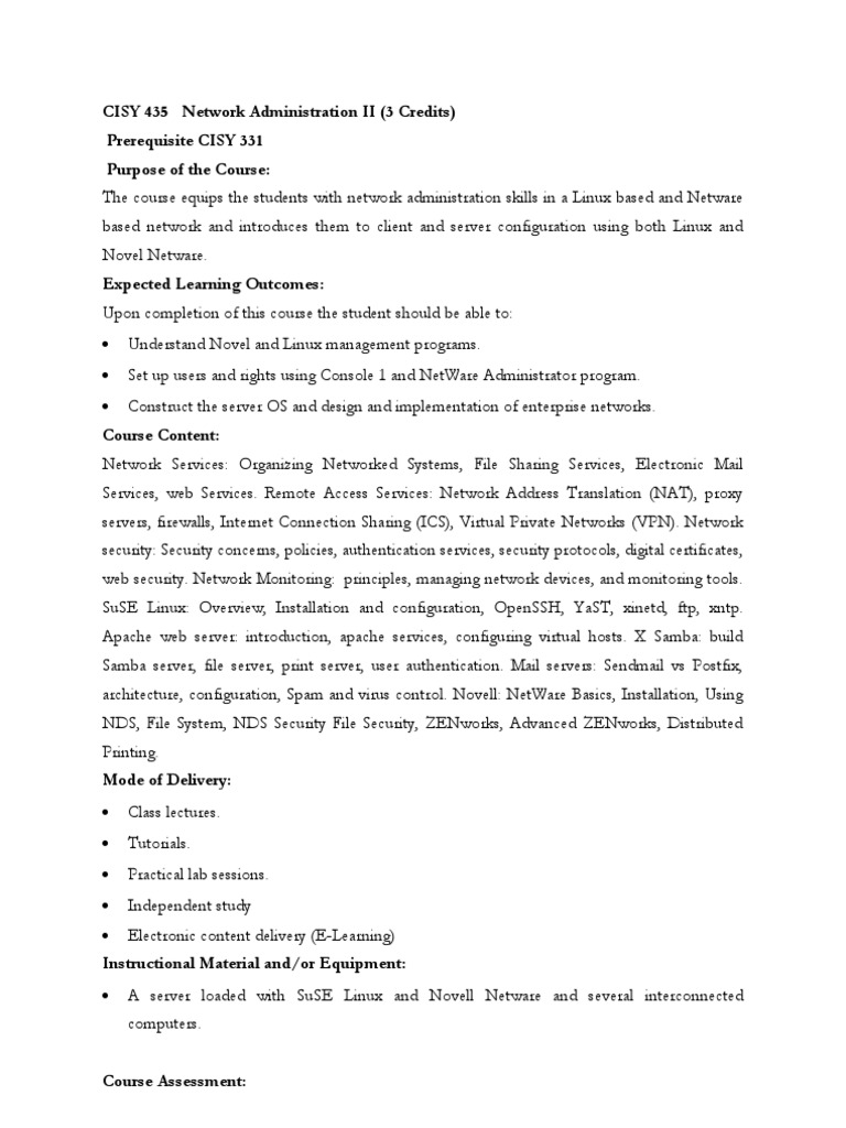 CISY 435 Network Administration II - Outline | PDF