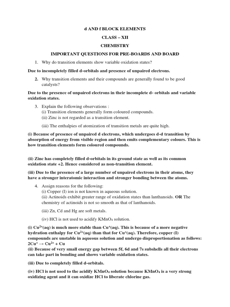 D and F Block Elements Class XII | PDF | Transition Metals | Lanthanide D and F Block Elements Class XII | PDF | Transition Metals | Lanthanide