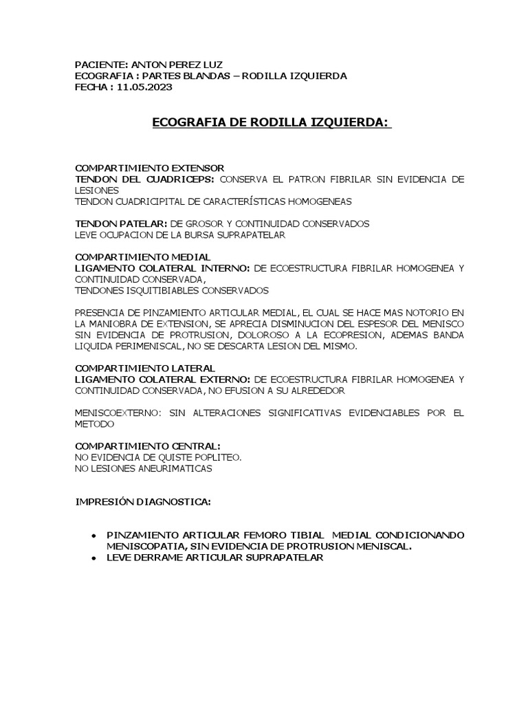 Informe de Ecografía de Rodilla Izquierda | PDF