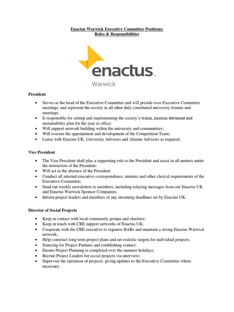 Enactus Warwick Executive Committee Positions | PDF