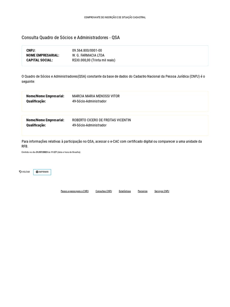 Consulta Quadro de Sócios e Administradores - QSA | PDF