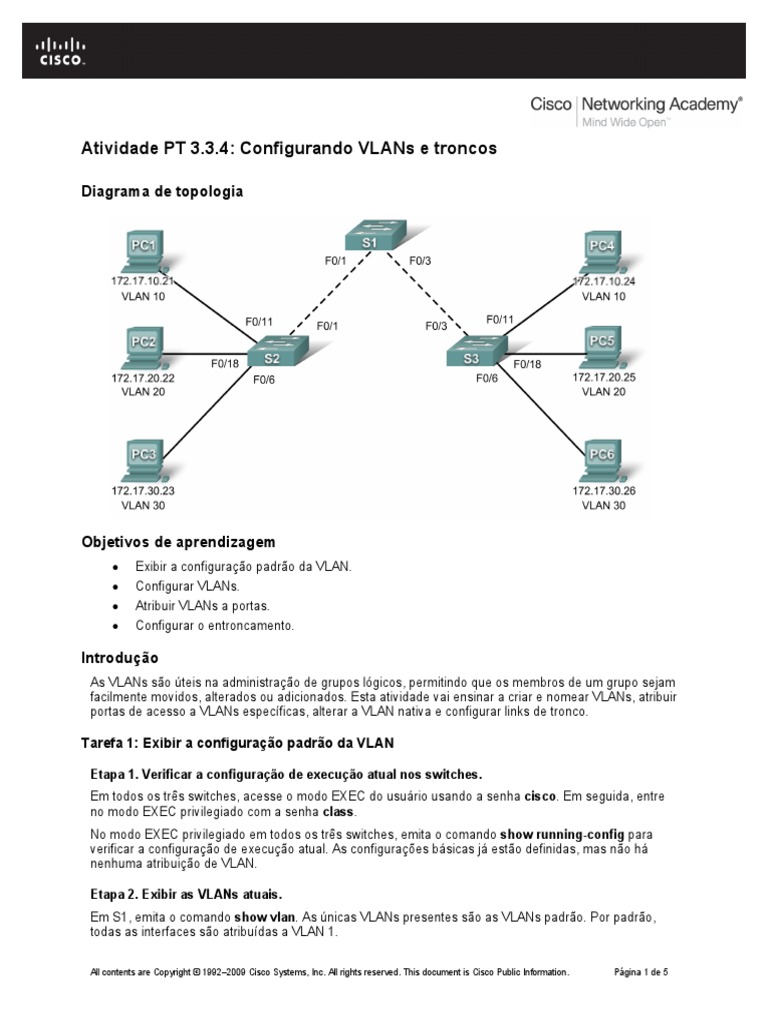 Atividade PT 3.3.4 Configurando VLANs e Troncos | PDF | Rede de computadores | Comutador de rede